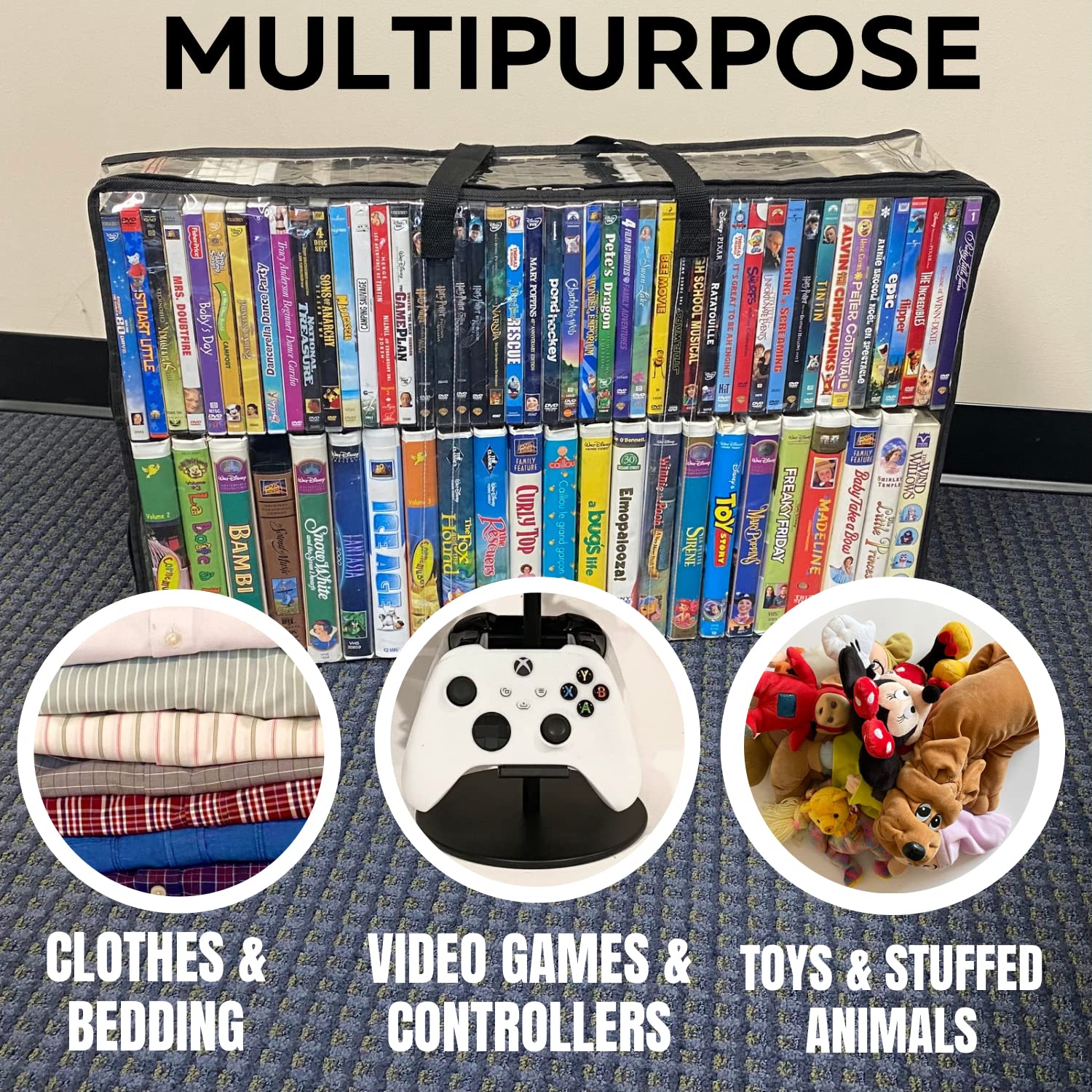Evelots 2 Pack-VHS Movie Tape Storage Bag/Case, Clear PVC Plastic-Holds 100 Total, Strong Handles-No Dirt/Moisture/Dust