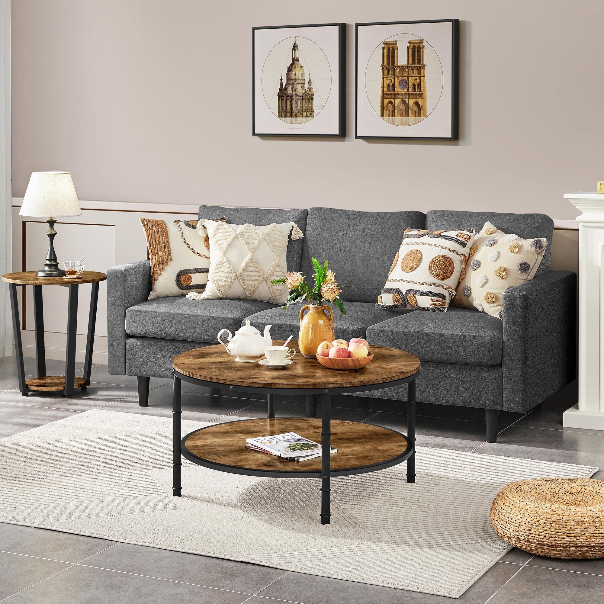 Yaheetech 35" Round Coffee Table for Living Room, 2-Tier Rustic Brown Wooden Coffee Table with Open Storage Shelf for Small Space, Apartment & Office
