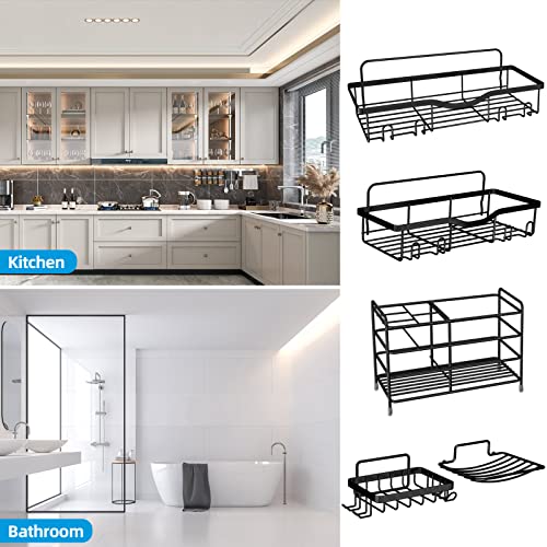 Upalled 5 Pack Shower Caddy, Strong Adhesive Shower Organizer Shelf with Hooks. Rustproof Wall-Mounted Shower Shelves for Kitchen, Dorm and Bathroom Organizer. No Drilling (Black)