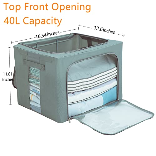 Tasmegol Stackable Steel Frame Clothes Storage Organizer Box Foldable Clear Window Closet Containers Oxford Cloth Clothing Bins for Sweater Bedding Blanket(Grey 2 Pack 40L)