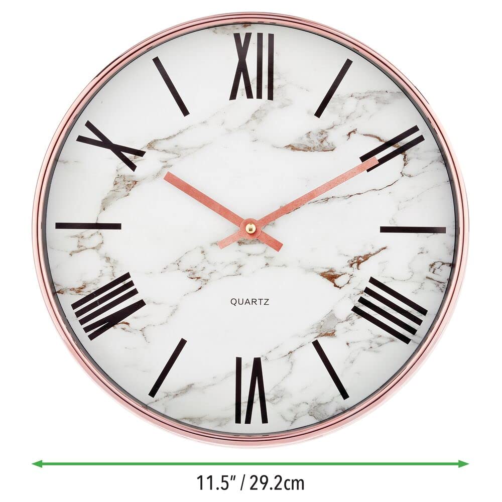 mDesign Modern Stylish Wall Clock for the Office, Bedroom, Kitchen, Bathroom, 11.5 Inch Diameter - Rose Gold Frame and Hands, Large Black Numbers on a Marble Background with a Clear Glass Cover