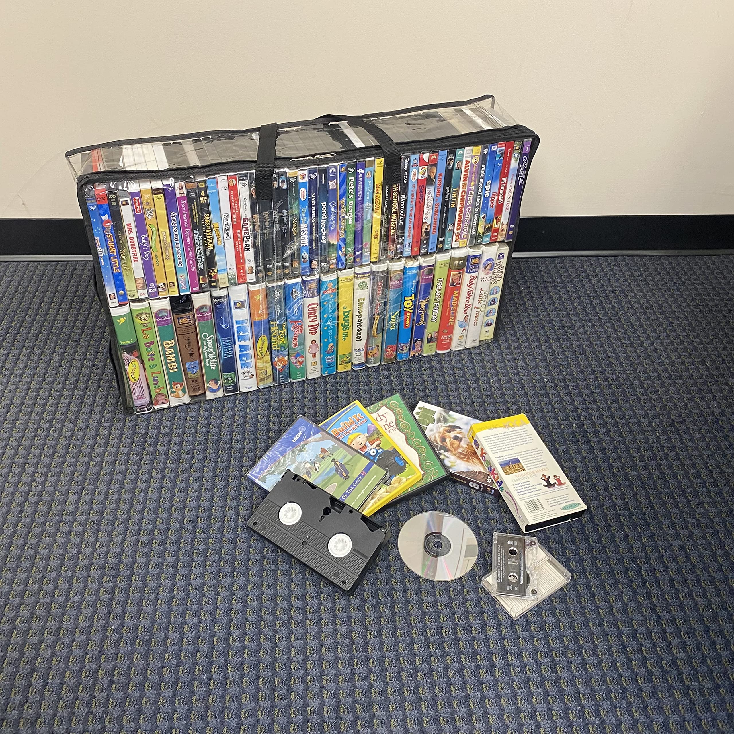 Evelots 2 Pack-VHS Movie Tape Storage Bag/Case, Clear PVC Plastic-Holds 100 Total, Strong Handles-No Dirt/Moisture/Dust