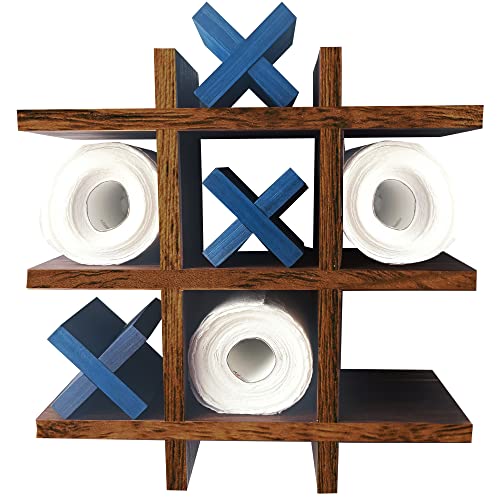 Tic-Tac-Toe Toilet Paper Holder Stand, Pine Wood Toilet Paper Tic-Tac-Toe Holder for Bathroom, Wooden Toilet Paper Organizer for Wall Mounted or Freestanding Bathroom Tissue Roll Storage Organizer
