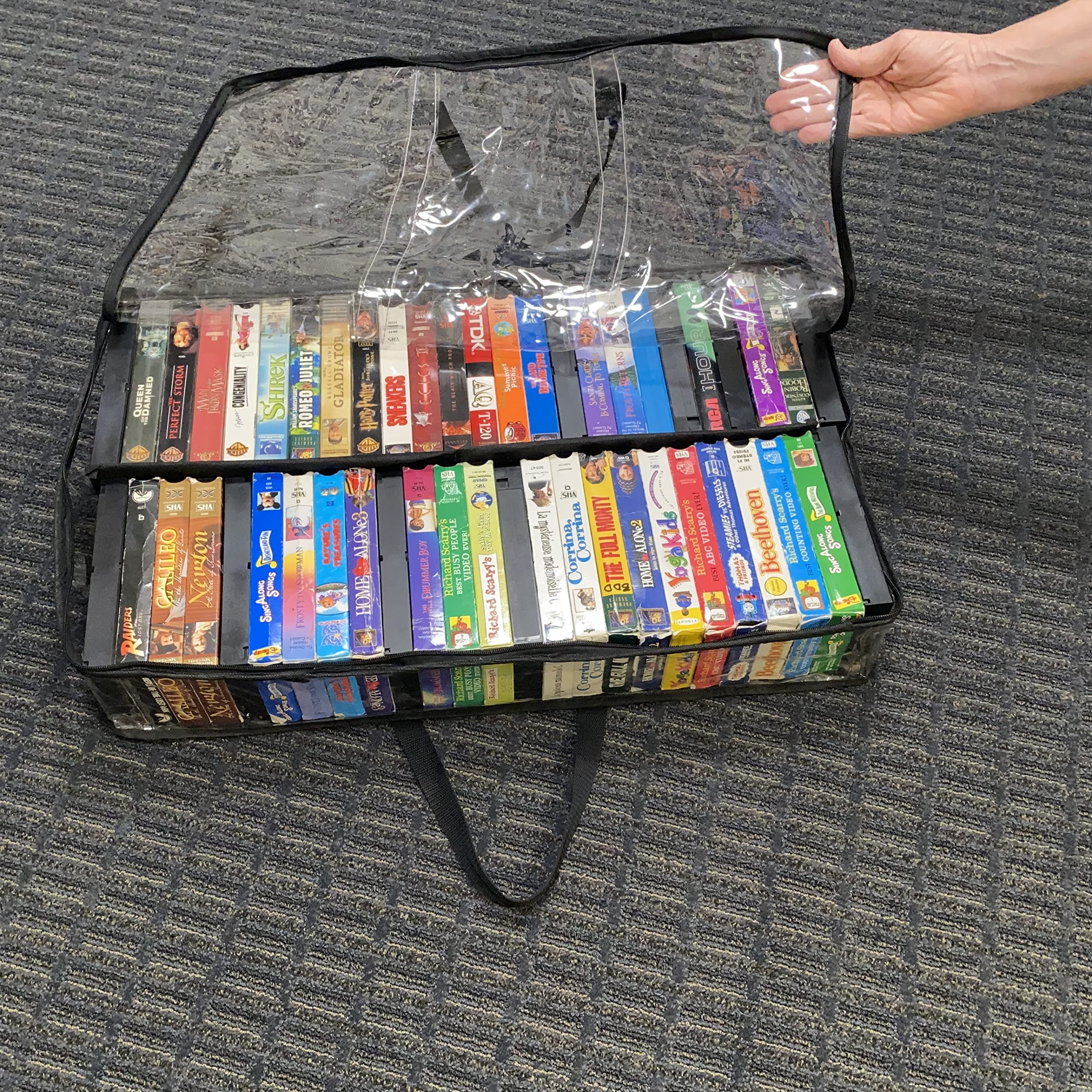 Evelots 2 Pack-VHS Movie Tape Storage Bag/Case, Clear PVC Plastic-Holds 100 Total, Strong Handles-No Dirt/Moisture/Dust