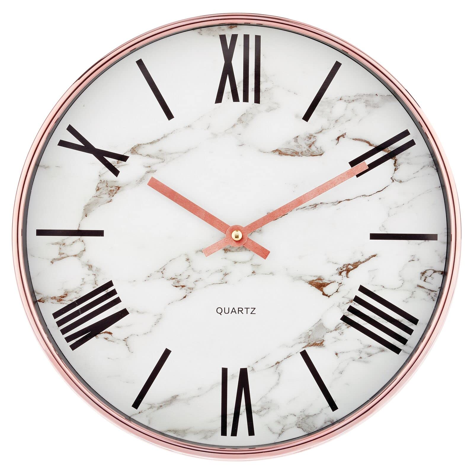 mDesign Modern Stylish Wall Clock for the Office, Bedroom, Kitchen, Bathroom, 11.5 Inch Diameter - Rose Gold Frame and Hands, Large Black Numbers on a Marble Background with a Clear Glass Cover