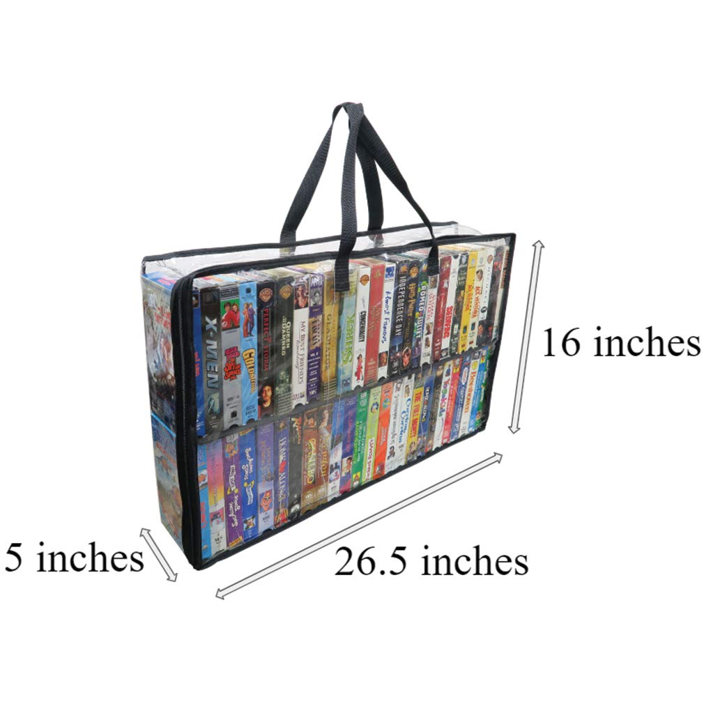 Evelots 2 Pack-VHS Movie Tape Storage Bag/Case, Clear PVC Plastic-Holds 100 Total, Strong Handles-No Dirt/Moisture/Dust