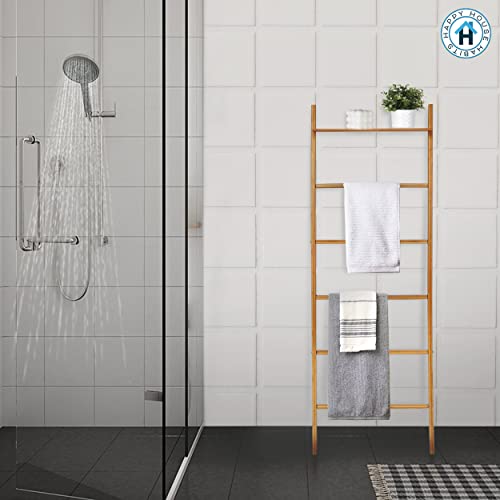 Happy House Habits Blanket Ladder, 5-Tier Towel Rack, Wall-Leaning Blanket Rack, Decorative Display Ladder Shelf, Living Room, Bedroom, Durable Decorative Ladder for Blankets with Additional Shelf