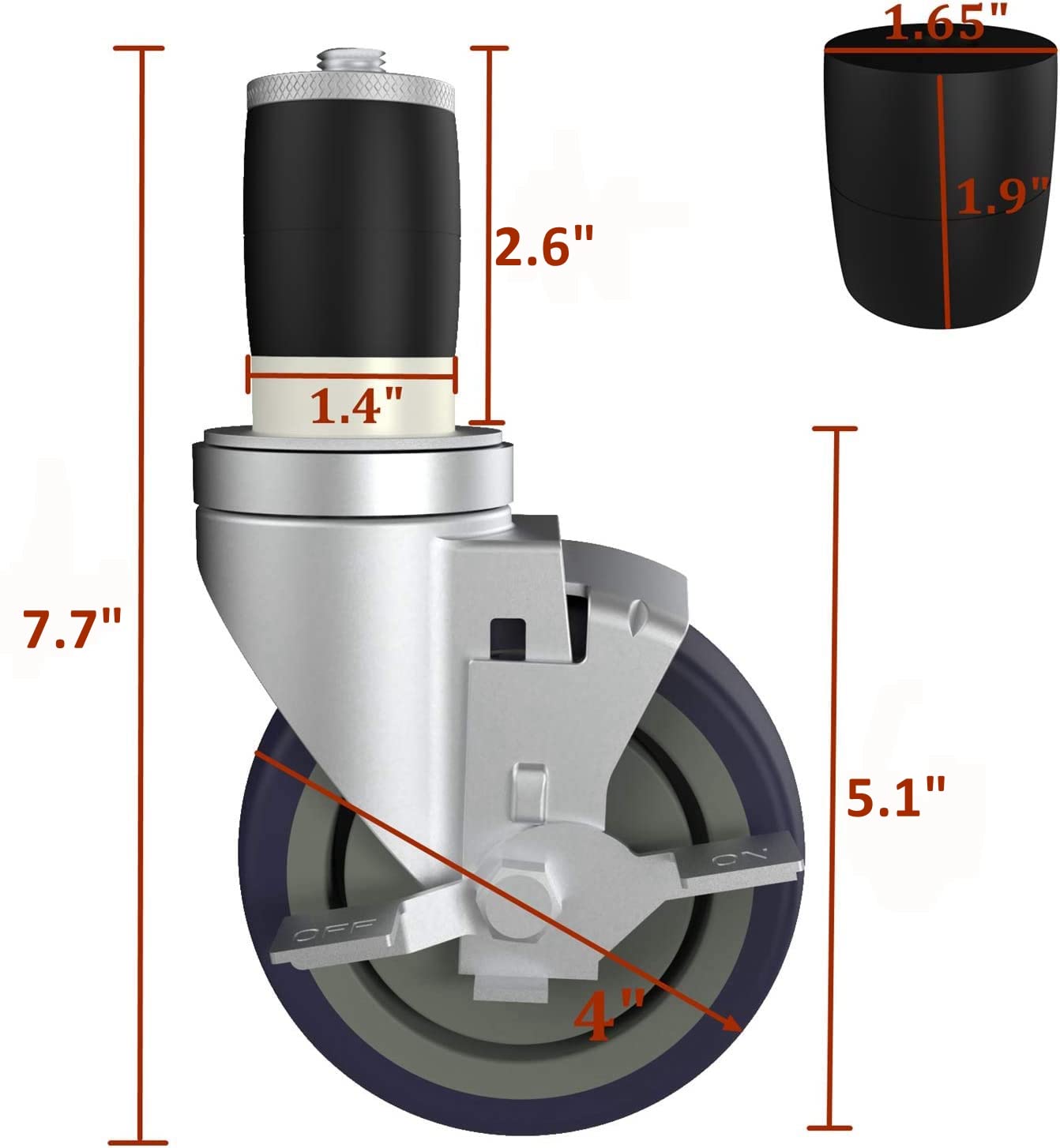 MySit 4 inch Work Table Caster Wheels for Commercial Kitchen Prep Tables, Expanding Stem Casters Set of 4 with Locking Brakes Fit Both 1-1/2" and 1-5/8" Leg Tube Adapter for Stainless Steel Worktable