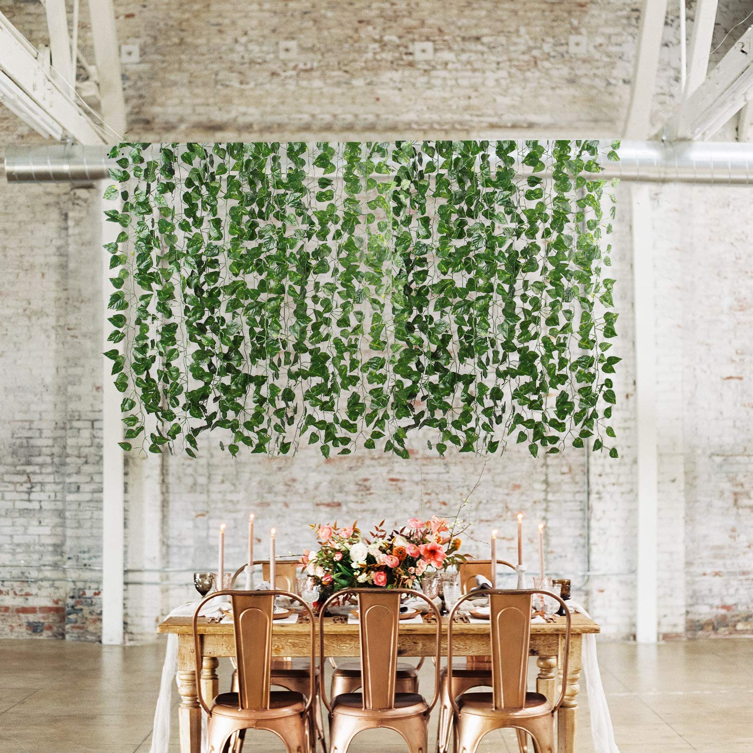 Flojery 78Ft 12pcs Silk Artificial Ivy Vine Hanging Leaves Plant Greenery Decor Party Home Garden Wedding Wall Decor (Scindapsus)