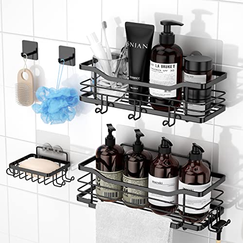 Shower Caddy, 5-Pack Shower Shelf, Adhesive Shower Organizer No Drilling with Soap Holder, 7 Hooks, Rustproof Stainless Steel Shower Rack Wall Mounted Bathroom Shower Storage Shelves for Inside Shower