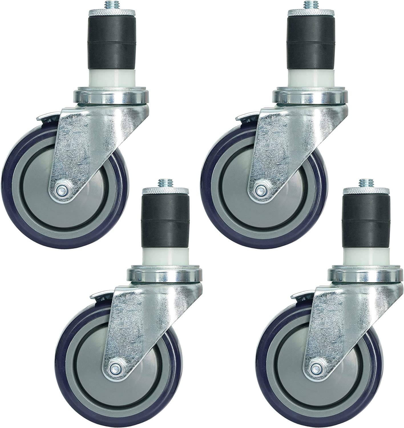MySit 4 inch Work Table Caster Wheels for Commercial Kitchen Prep Tables, Expanding Stem Casters Set of 4 with Locking Brakes Fit Both 1-1/2" and 1-5/8" Leg Tube Adapter for Stainless Steel Worktable