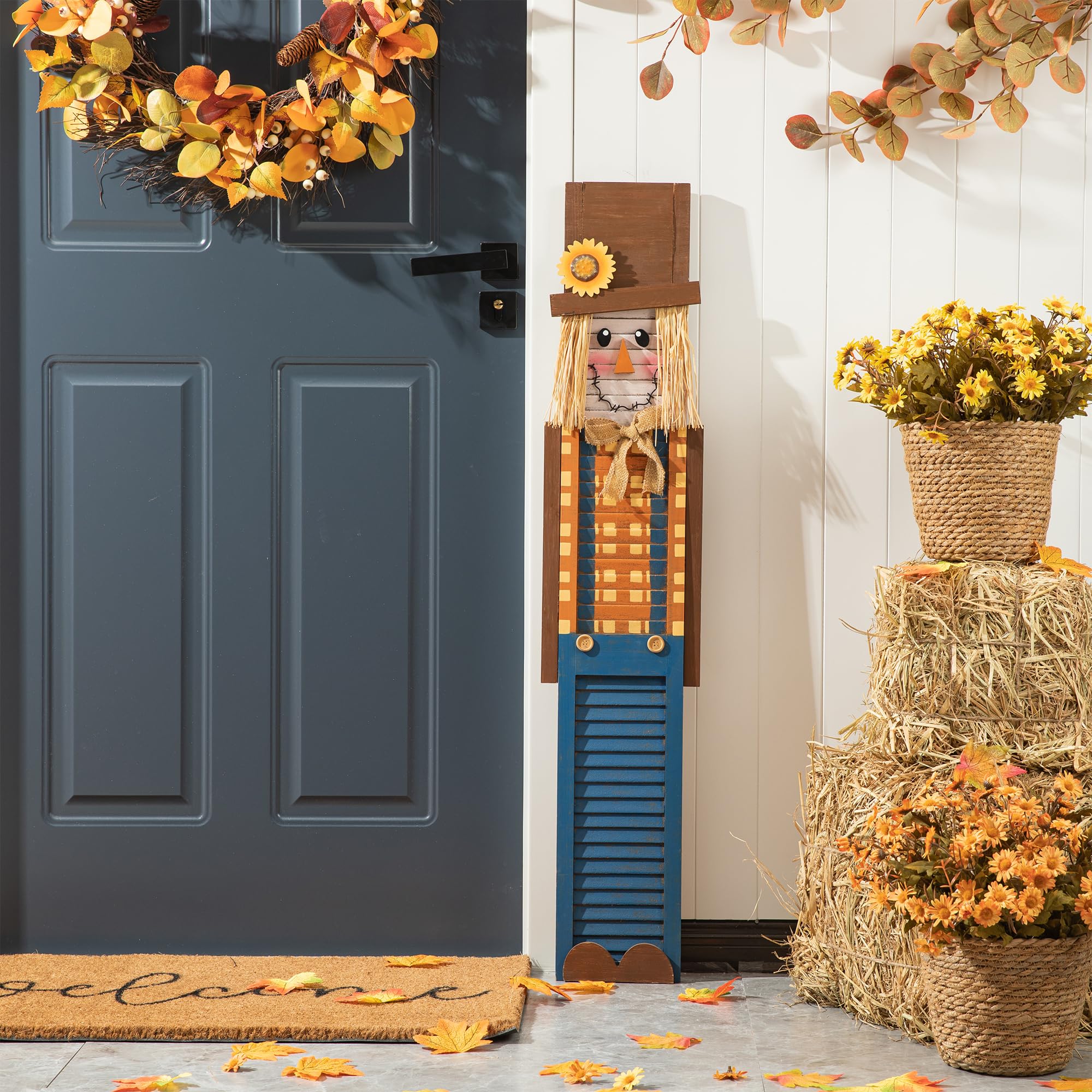 Glitzhome 42"H Rustic Wooden Scarecrow Porch Sign for Fall Harvest Thanksgiving, Farmhouse Style Wood Scarecrow Wall Sign, Standing/Hanging Scarecrow Sign for Home Yard Decor
