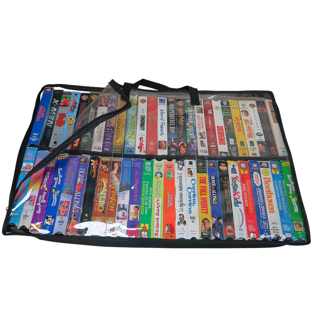 Evelots 2 Pack-VHS Movie Tape Storage Bag/Case, Clear PVC Plastic-Holds 100 Total, Strong Handles-No Dirt/Moisture/Dust