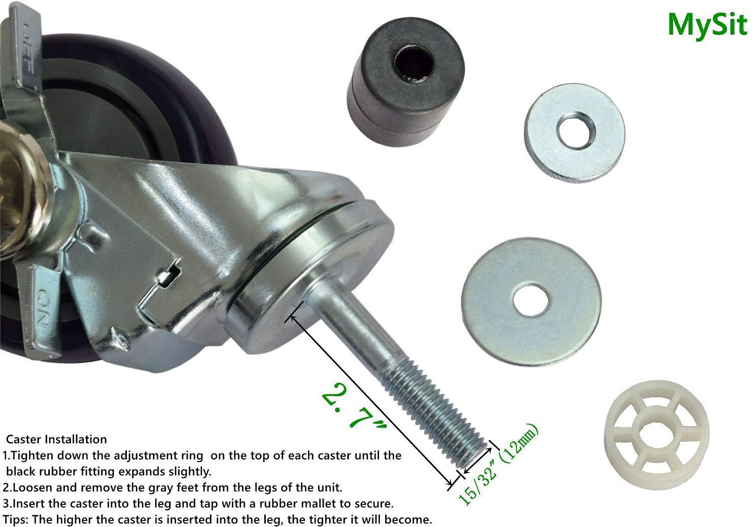 MySit 4 inch Work Table Caster Wheels for Commercial Kitchen Prep Tables, Expanding Stem Casters Set of 4 with Locking Brakes Fit Both 1-1/2" and 1-5/8" Leg Tube Adapter for Stainless Steel Worktable