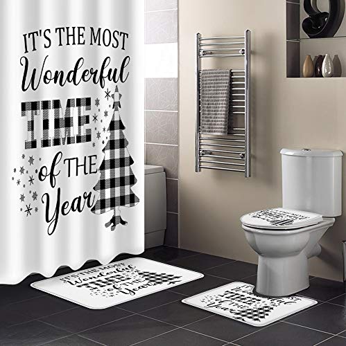 4 Pcs Shower Curtain Sets with Non-Slip Rugs, Toilet Lid Cover, Bath Mat Buffalo Black White Plaid Christmas Tree Snowflake Bathroom Decor Shower Curtain with 12 Hooks Waterproof Polyester Fabric