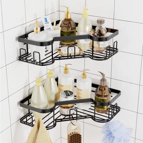 JOMOQ Shower Caddy, 2 Pack Corner Shower Caddy, Adhesive Shower Organizer,Rustproof Stainless Steel No Drilling Shower Shelf for Bathroom and kitchen Storage, Matte Black