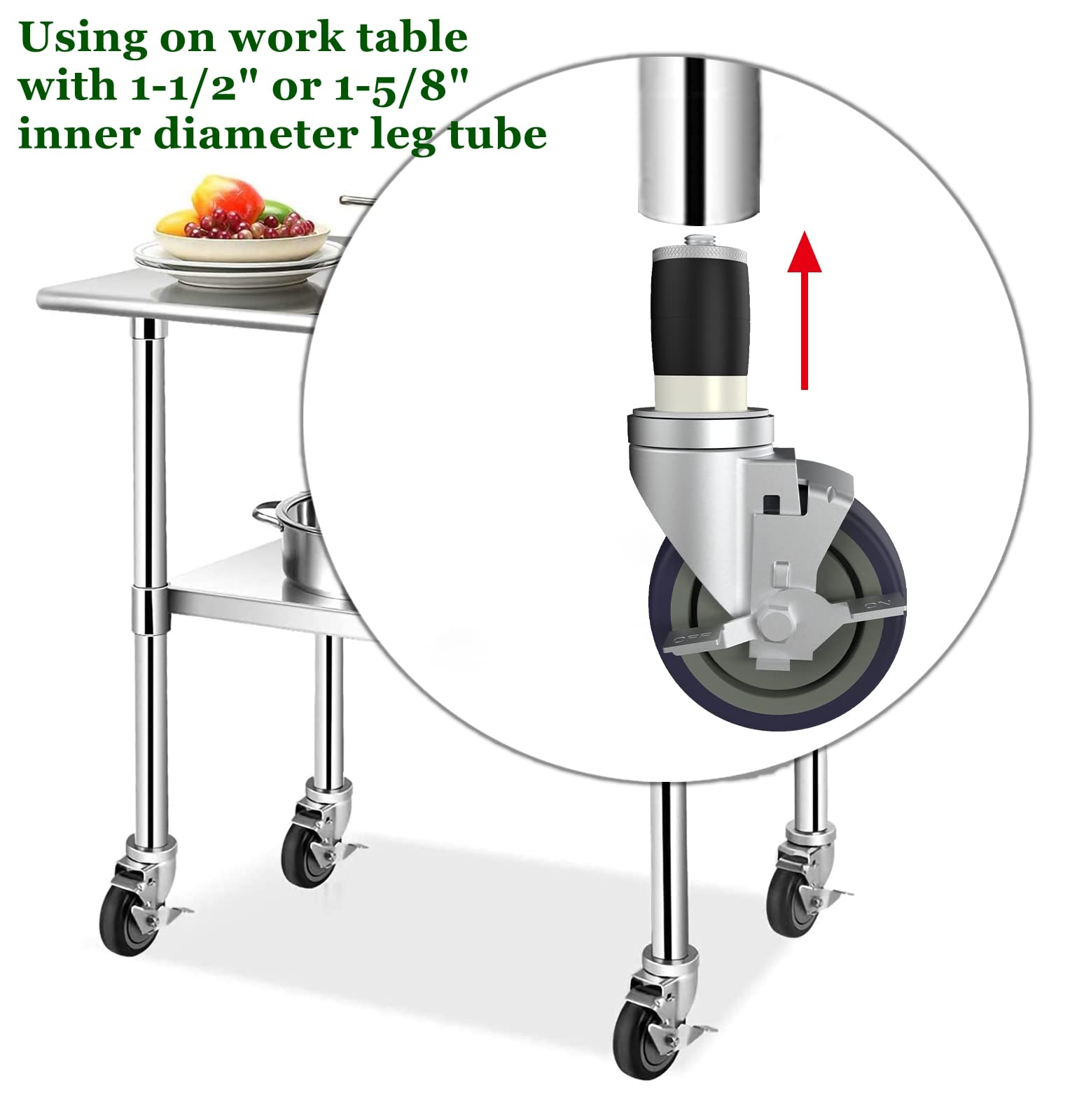 MySit 4 inch Work Table Caster Wheels for Commercial Kitchen Prep Tables, Expanding Stem Casters Set of 4 with Locking Brakes Fit Both 1-1/2" and 1-5/8" Leg Tube Adapter for Stainless Steel Worktable