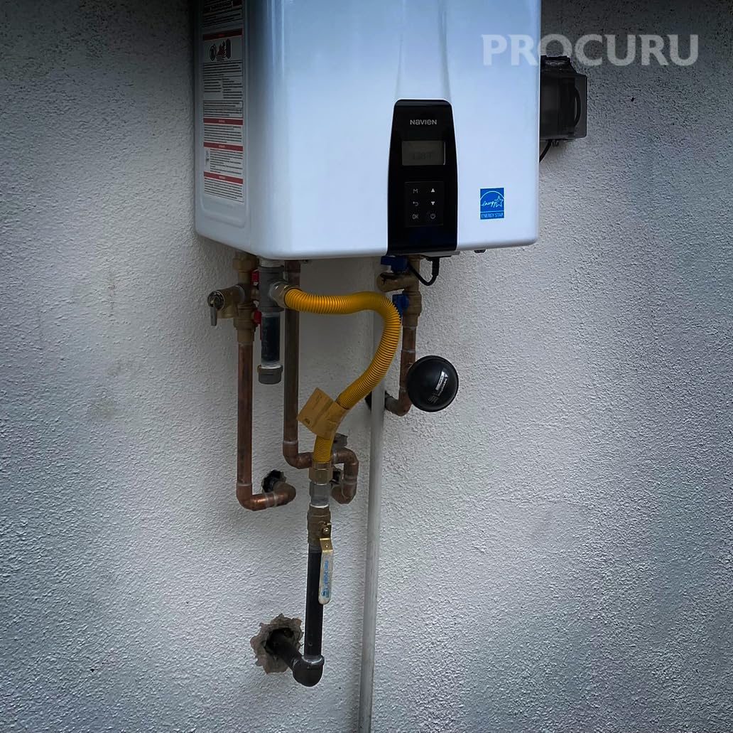 PROCURU 1" OD x 12" (1Ft) x 3/4"MIP x 3/4"FIP Universal Gas Flex Connector Kit with Gas Valve, Weatherproof MaxFlow Stainless Steel Tubing for Tankless Water Heater (Blue B1 Series)