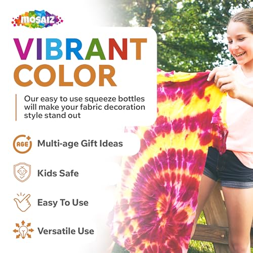Mosaiz Tie Dye Kit, Tie Dye Party Kit for Adults and Large Groups, Permanent Fabric Dye Art Set, Spray Tie Dye for Creative Activities and DIY for Kids, Pre Filled, Non Toxic, Easy to Use, No Mess