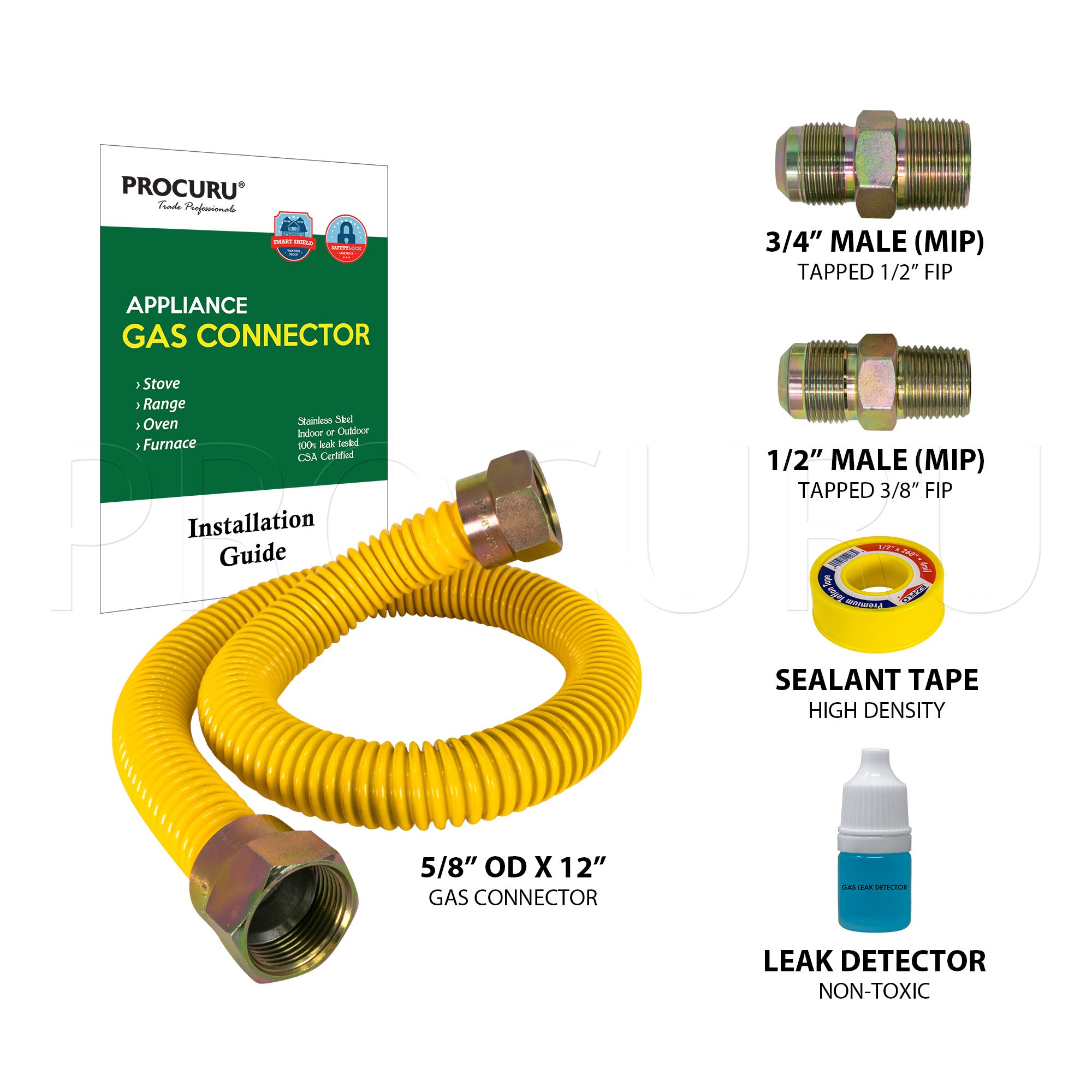 PROCURU 5/8" OD x 12" (1Ft) Universal Gas Flex Connector Kit, Weatherproof Stainless Steel Pipe, Yellow Coated, for Stove, Range, Furnace (Green Series)