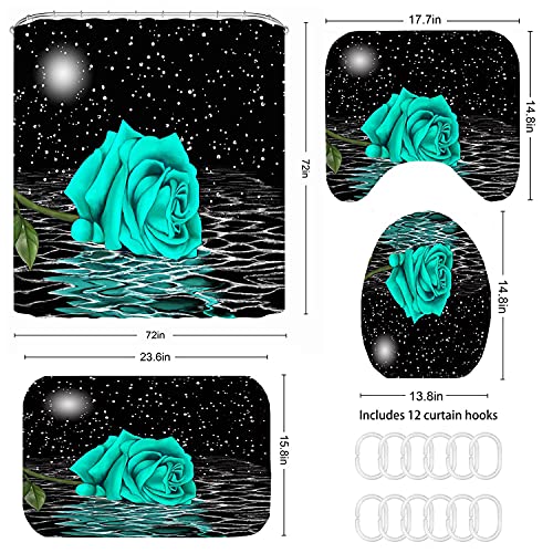 Taysta 4Pc Teal Rose Flower Under Moon Black Romantic Starry Night Sky Shower Curtain Sets Non-Slip Rug, Toilet Lid Cover, Bath Mat, Bathroom Decor Curtains with 12 HooksWaterproof Fabric