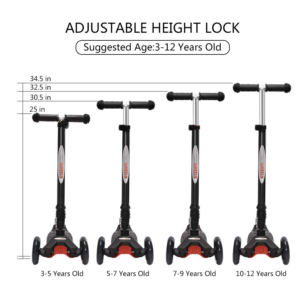 ChromeWheels Scooters for Kids, Deluxe Kick Scooter Foldable 4 Adjustable Height 132lbs Weight Limit 3 Wheel, Lean to Steer LED Light Up Wheels, Best Gifts for Girls Boys Age 3-12 Year Old, Black