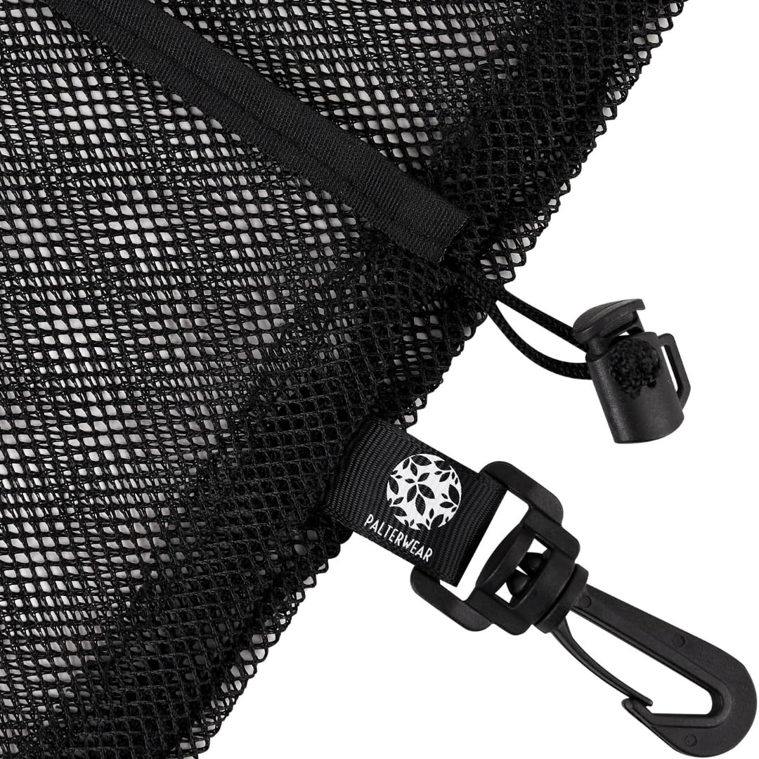 PALTERWEAR Mesh Drawstring Bag With Clip and Toggle Closure - For Watersports, Outdoor, Gym - Multi-Use Set of 4 (Black, 6 x 8 inch)