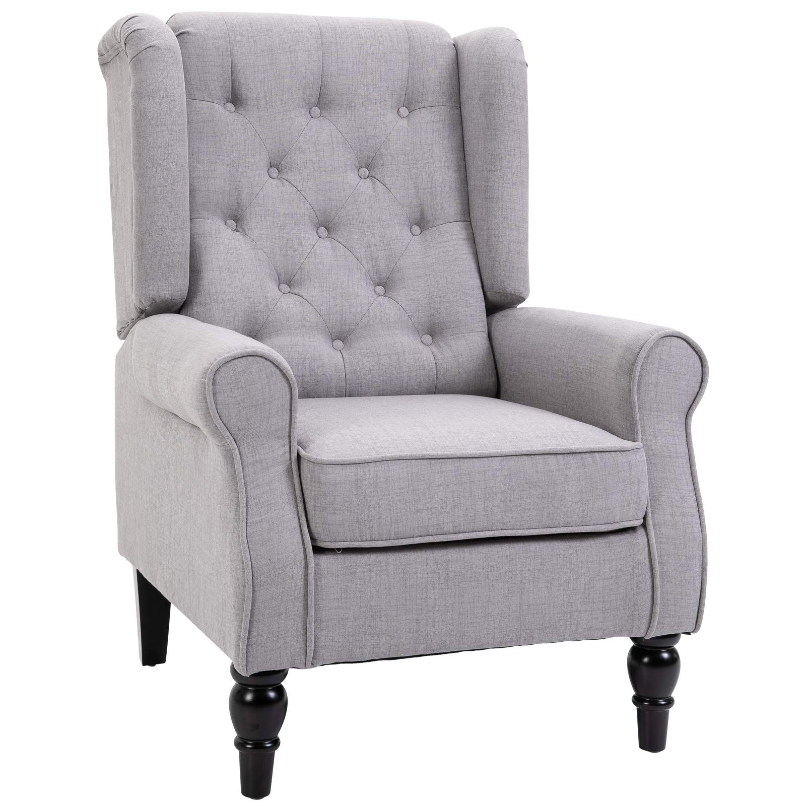 HOMCOM Mid-Century Modern Accent Chair, High Wingback Chair, Button-Tufted Upholstered Fabric Armchair with Retro Wood Legs for Living Room, Bedroom, Gray