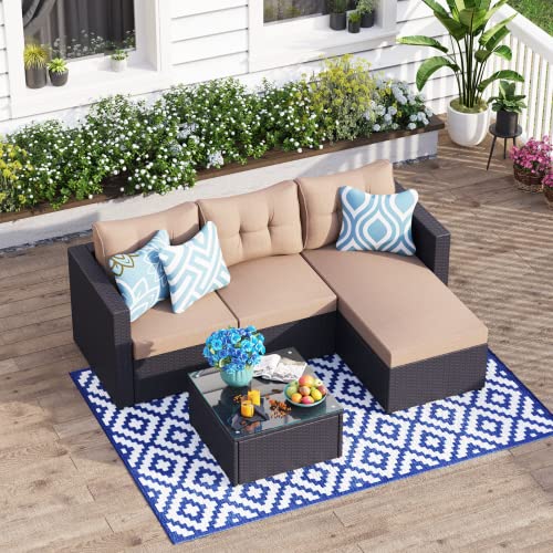 PHI VILLA Patio Sofa Set,3 Pieces All-Weather Upgrade Wicker Outdoor Sectional Sofa,L-Shaped Small Patio Conversation Furniture Set with Cushion and Coffee Table(Beige)