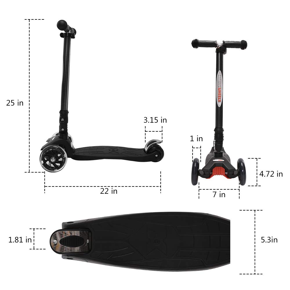 ChromeWheels Scooters for Kids, Deluxe Kick Scooter Foldable 4 Adjustable Height 132lbs Weight Limit 3 Wheel, Lean to Steer LED Light Up Wheels, Best Gifts for Girls Boys Age 3-12 Year Old, Black