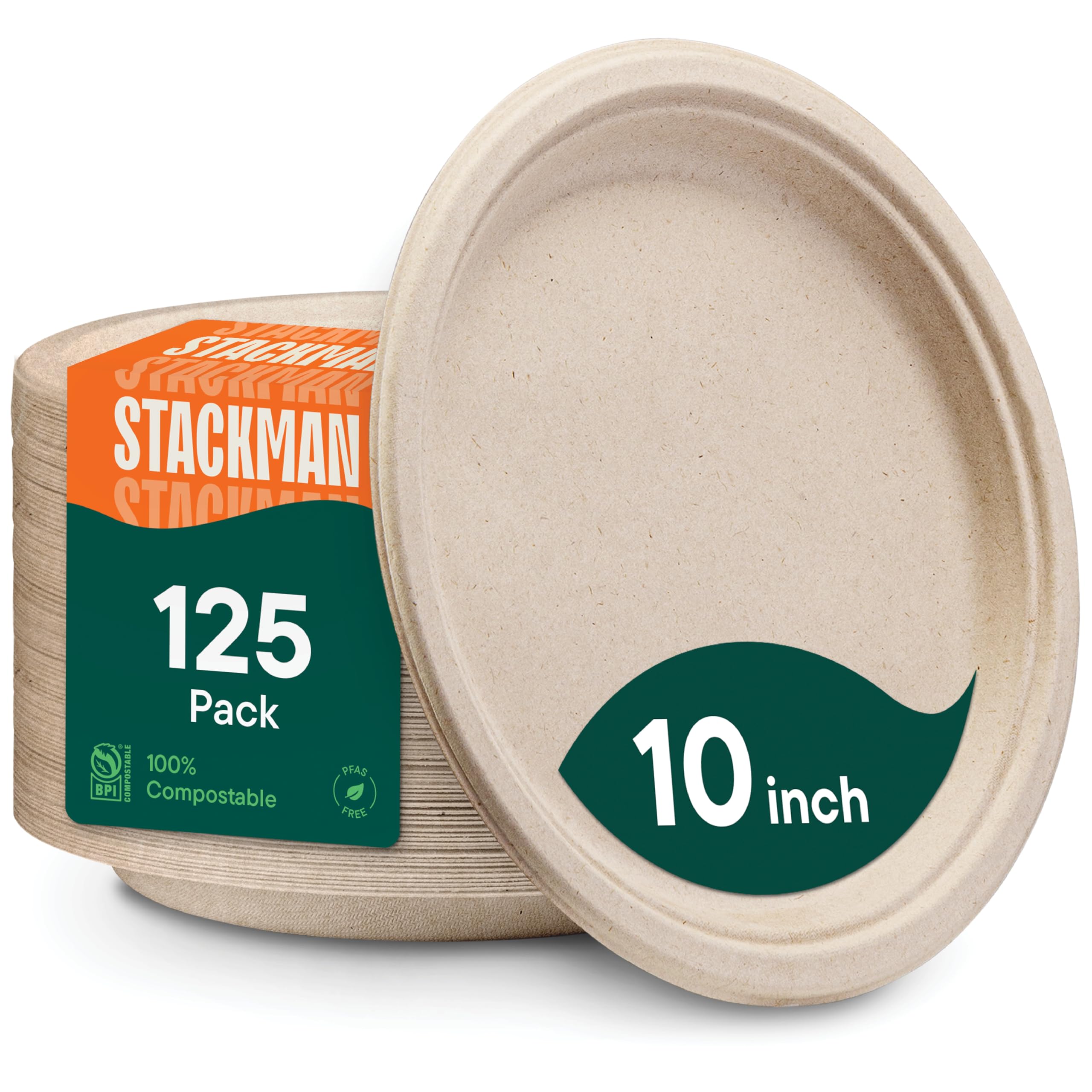 Paper Plates, 100% Compostable Heavy Duty Disposable 10 Inch Plate - [125-Pack] - {PFAS-Free} - {BPI Certified} Eco-Friendly, Biodegradable Bagasse