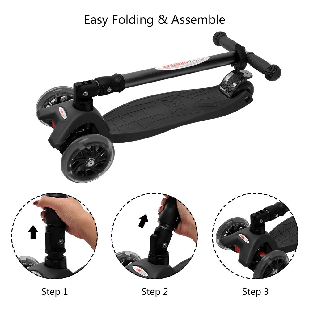 ChromeWheels Scooters for Kids, Deluxe Kick Scooter Foldable 4 Adjustable Height 132lbs Weight Limit 3 Wheel, Lean to Steer LED Light Up Wheels, Best Gifts for Girls Boys Age 3-12 Year Old, Black