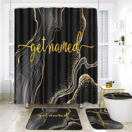 Acxzorpv 4 Pcs Get Named Black Marble Shower Curtain and Rugs Set Bathroom Sets with Bath Mat Waterproof Bathroom Curtain with 12 Hooks (Black)