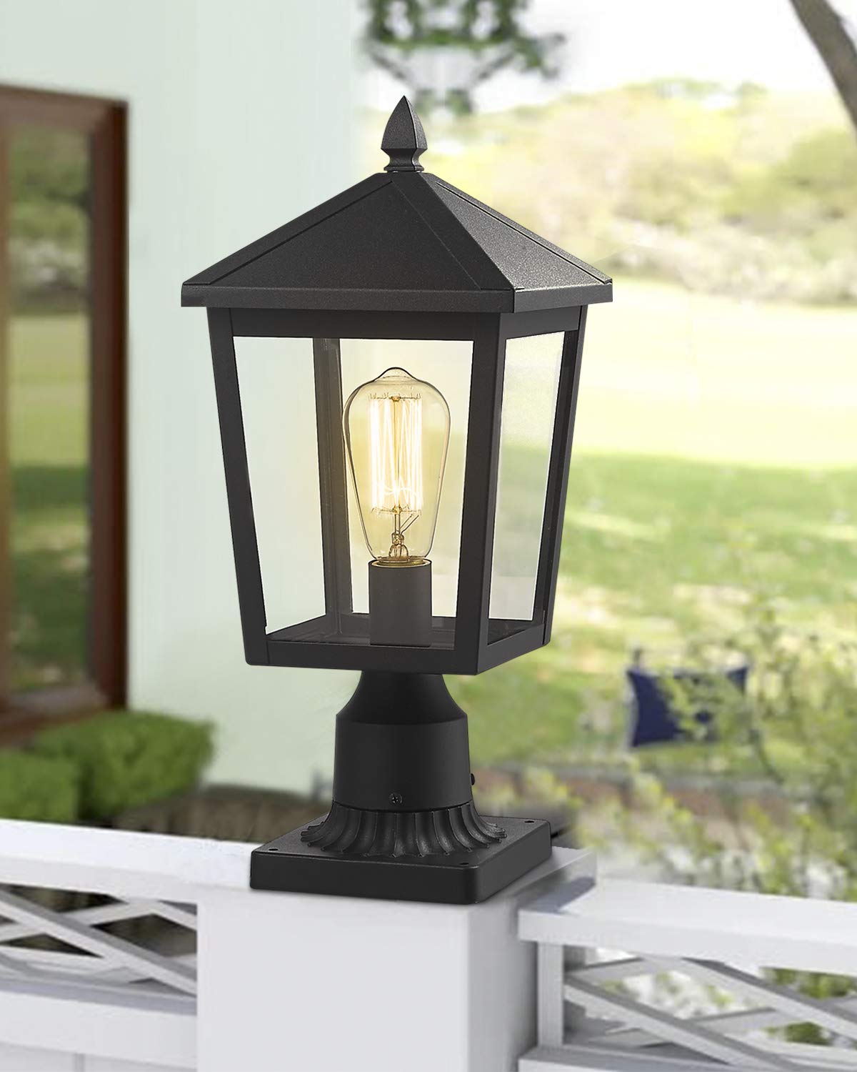 zeyu Outdoor Post Light, 16 Inch Exterior Pole Light Pillar Lantern with Clear Glass Shade and Black Finish, 20076P