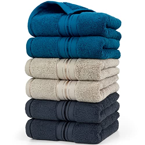 Cleanbear Hand - Towels - Thick - Towel Set - 6 - Fluffy Bathroom Towels in 3 Assorted Colors 600 GSM Ultra Soft and Highly Absorbent Face Towels Hotel Quality (13 x 29 Inches)