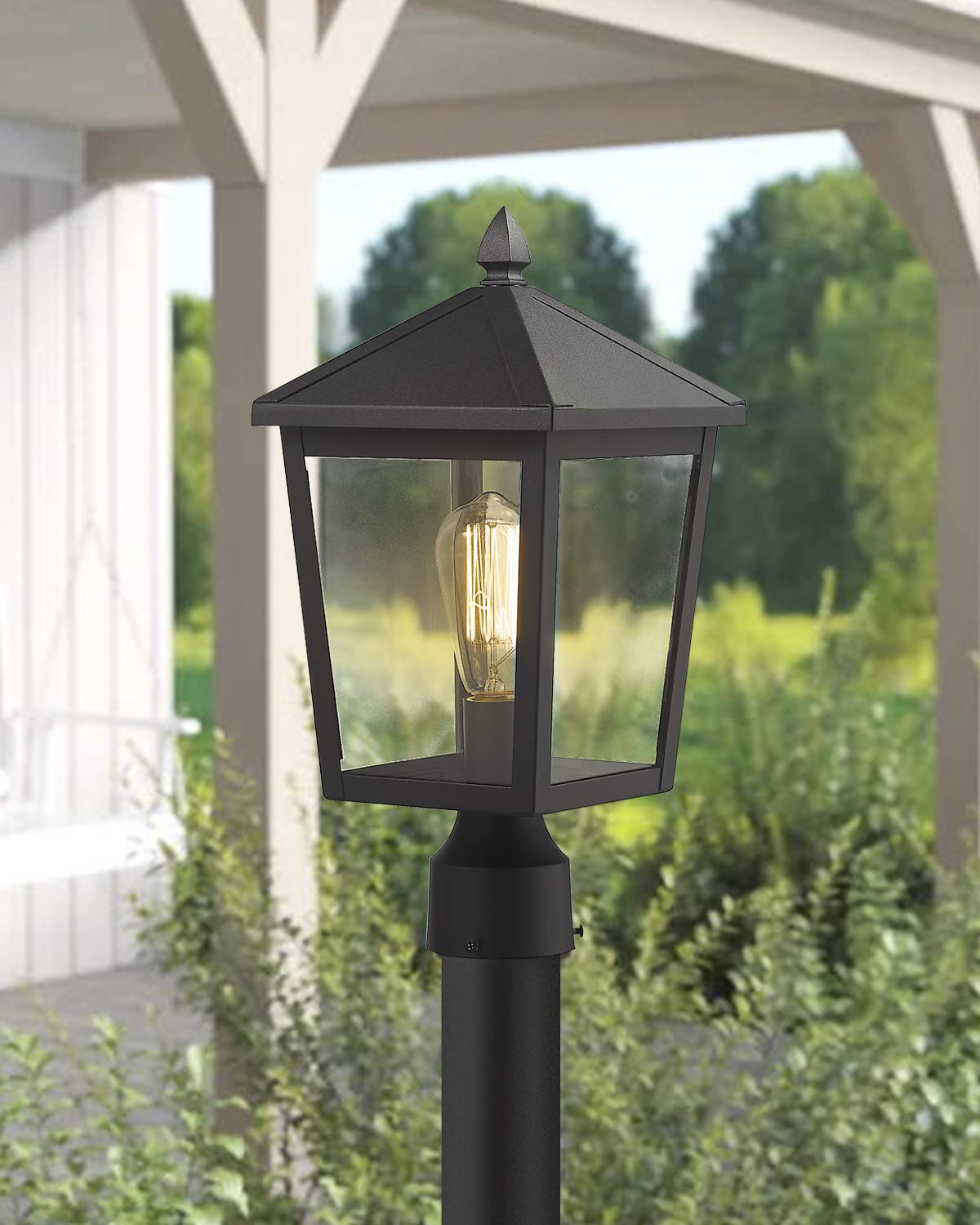 zeyu Outdoor Post Light, 16 Inch Exterior Pole Light Pillar Lantern with Clear Glass Shade and Black Finish, 20076P