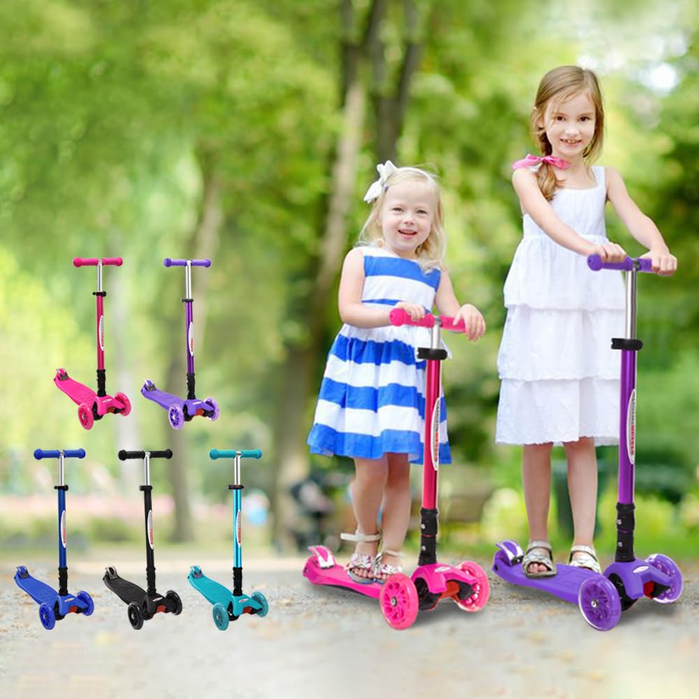 ChromeWheels Scooters for Kids, Deluxe Kick Scooter Foldable 4 Adjustable Height 132lbs Weight Limit 3 Wheel, Lean to Steer LED Light Up Wheels, Best Gifts for Girls Boys Age 3-12 Year Old, Black