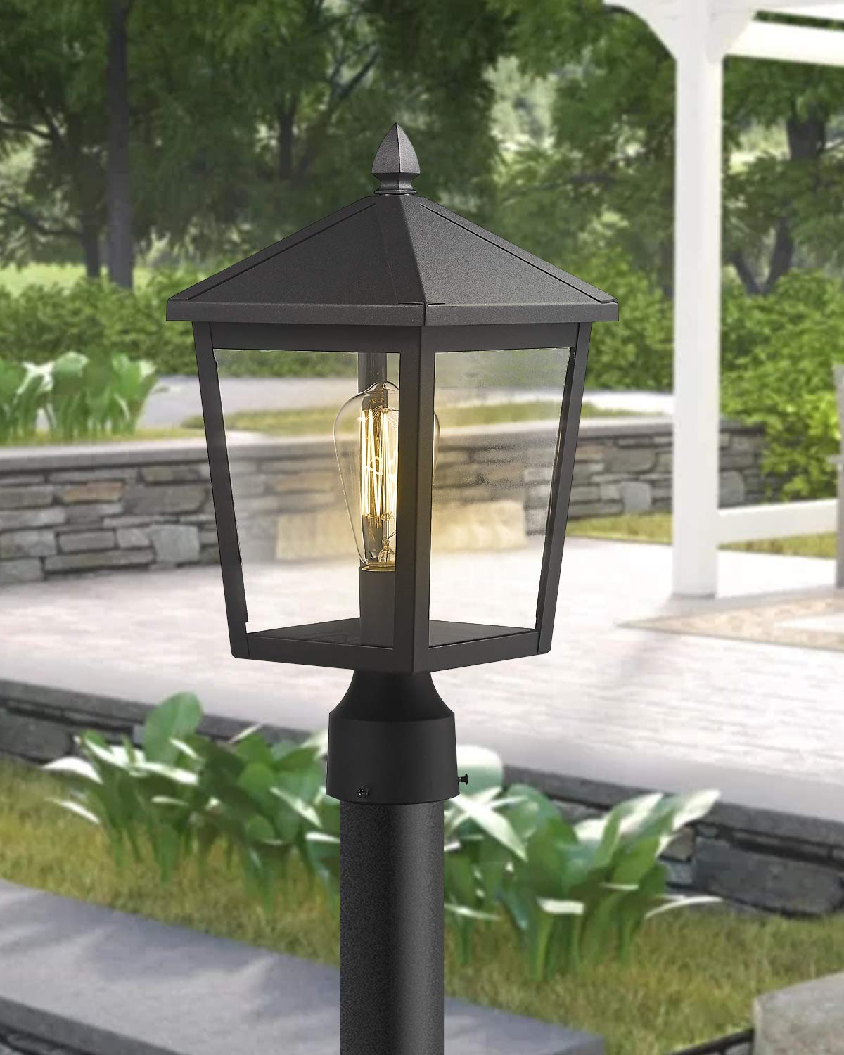 zeyu Outdoor Post Light, 16 Inch Exterior Pole Light Pillar Lantern with Clear Glass Shade and Black Finish, 20076P