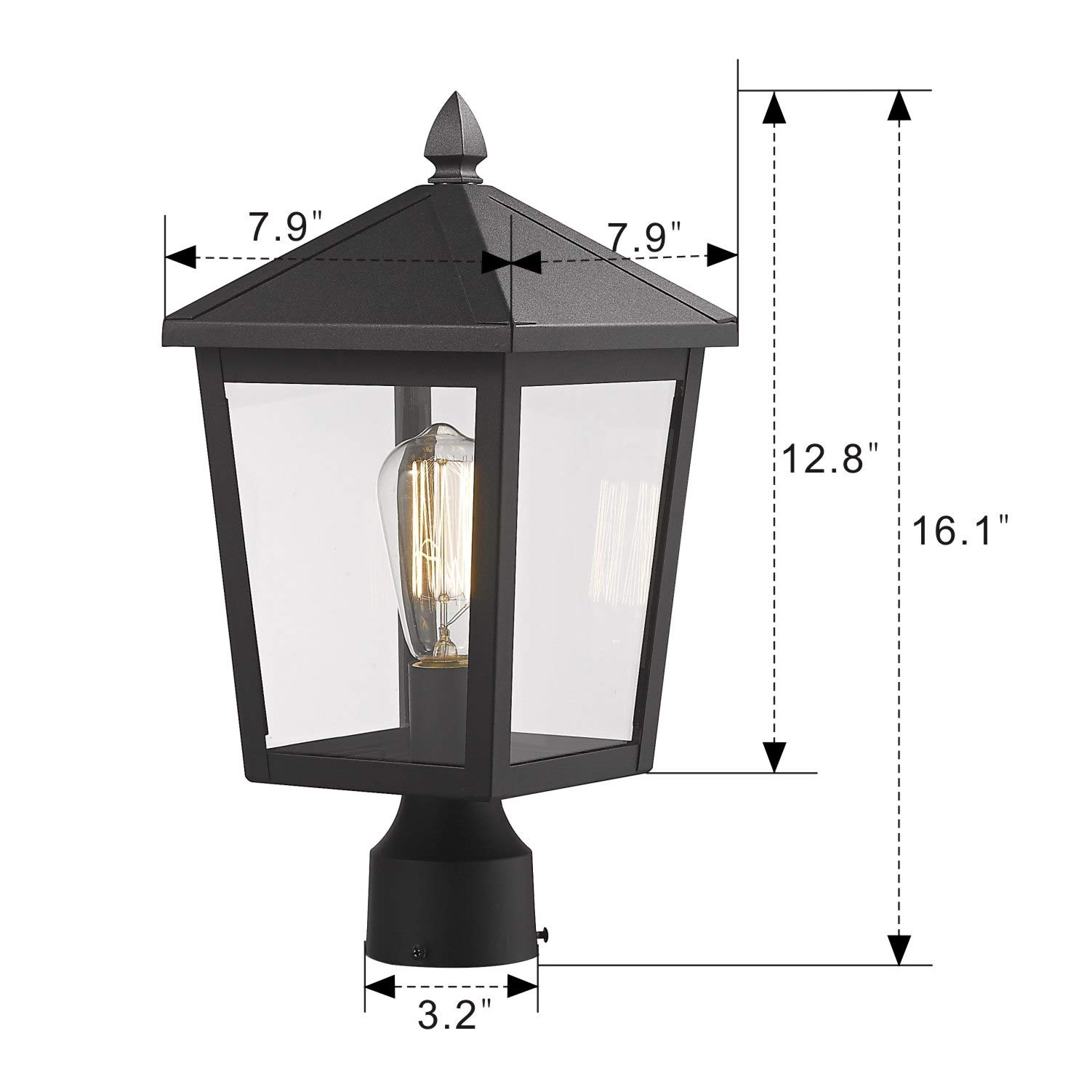 zeyu Outdoor Post Light, 16 Inch Exterior Pole Light Pillar Lantern with Clear Glass Shade and Black Finish, 20076P
