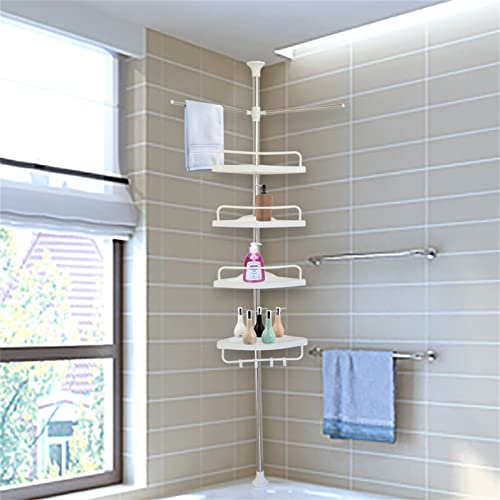 4 Tier Rustproof Shower Corner Caddy Organizer, Bathroom Corner Shower Caddy Tension Pole Rust Proof Telescopic Rod Storage Rack Organizer Corner Shower Organizer for Organizing Hand Soap, Body Wash