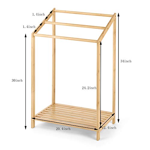 HYNAWIN Bamboo 3 Tier Towel Rack for Bathroom, Free Standing Beach Towel with Storage Shelf, Poolside Rack with Bottom Organizer for Bath, Hand Towel, Laundry