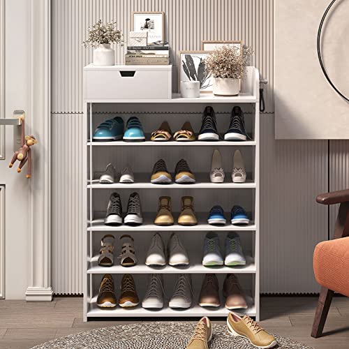 Waktavel 5 Tiers Vertical Shoe Rack with Hook, Wooden Shoe Rack Organizer with Open Top Free Standing Shoe Storage Stand for Entryway Hallway