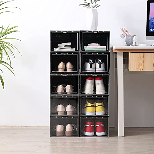 WANHUX Front Shoe Box, Set of 6, Stackable Plastic Shoe Box with Clear Door, as Shoe Box and Clear Shoe Box for Displaying Sneakers, Easy to Assemble, Fits US Size 12 (13.6x 10.6x 6.7 inches)