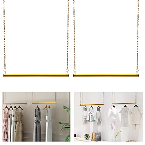2 Pcs 24"Boutique Retail Hanging Clothing Racks Adjustable Height, Metal Garment Rack Heavy Duty Wedding Dress Display Gold Clothes Rack Ceiling Hanger Storage Shelves Commercial Creative Iron Chain