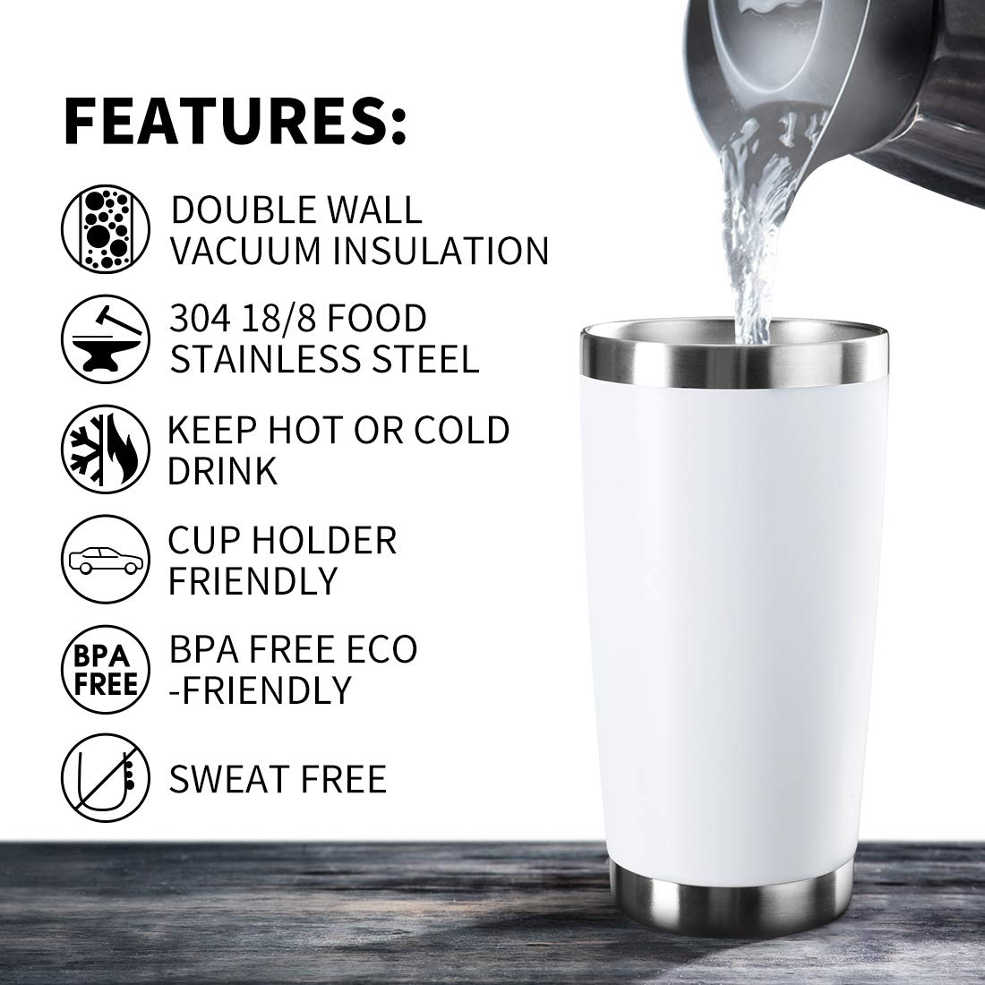 EcoMozz 20oz Tumbler Bulk Stainless Steel Vacuum Insulated Tumblers with Lid Double Wall Travel Mug Durable Powder Coated Coffee Cup, Suitable for Ice Drinks and Hot Beverage (White 1pack)