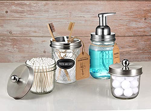 Amolliar 4PCS & 2pcs Brushed Nickel Mason Jar Bathroom Accessories Set-3pcs Foaming Soap Dispenser & 2pcs Cotton Swab Holder &1pcs Toothbrush Holder,Waterproof Stickers,Rustic Farmhouse Decor