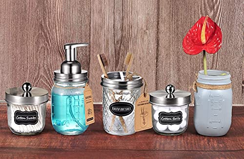Amolliar 4PCS & 2pcs Brushed Nickel Mason Jar Bathroom Accessories Set-3pcs Foaming Soap Dispenser & 2pcs Cotton Swab Holder &1pcs Toothbrush Holder,Waterproof Stickers,Rustic Farmhouse Decor