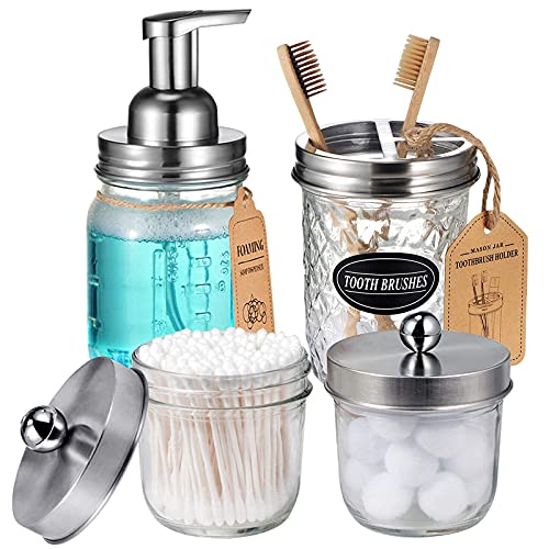Amolliar 4PCS & 2pcs Brushed Nickel Mason Jar Bathroom Accessories Set-3pcs Foaming Soap Dispenser & 2pcs Cotton Swab Holder &1pcs Toothbrush Holder,Waterproof Stickers,Rustic Farmhouse Decor