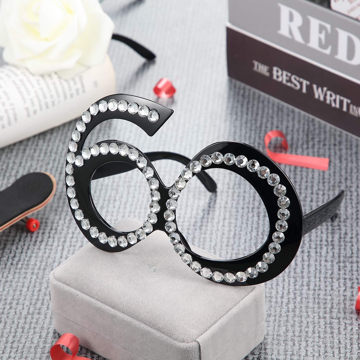 9 Pairs 60th Birthday Glasses Number 60 Crystal Frame Funny Costume Sunglasses Novelty Eyewear Celebration Decoration (Black)