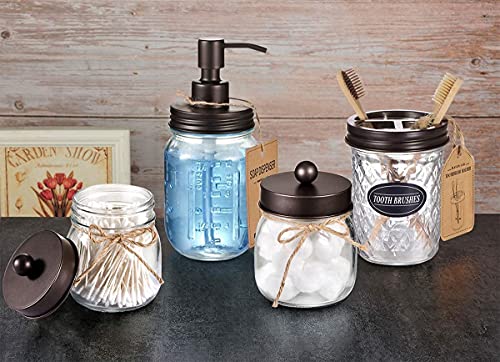 Amolliar 4PCS & 2pcs Bronze Mason Jar Bathroom Accessories Set-3pcs Lotion Soap Dispenser & 2pcs Cotton Swab Holder &1pcs Toothbrush Holder,Waterproof Stickers,Rustic Farmhouse Decor